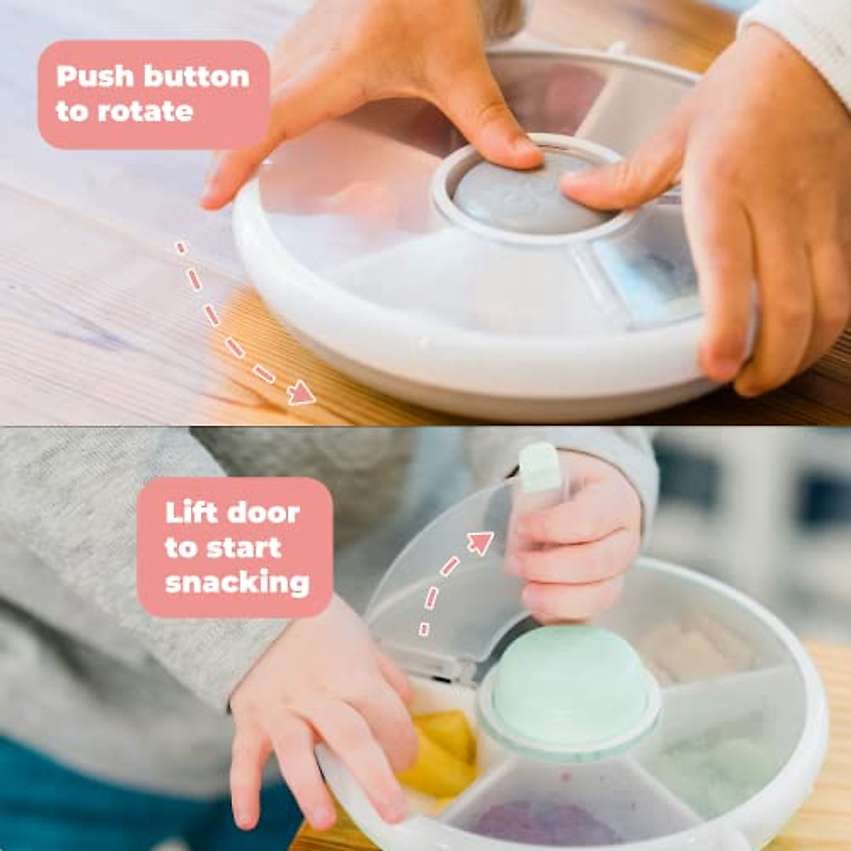 GoBe 2 Pack Kids Snack Spinner - Grey/Coral - Reusable Snack Container with 5 Compartment Dispenser and Lid - Leakproof, Spill-proof - For Toddlers, Babies, Home, Travel