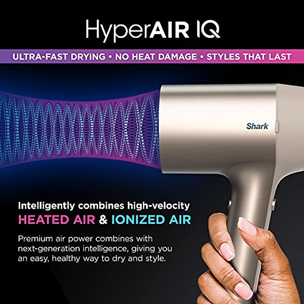 Shark HD120BRN Blow Dryer HyperAIR Fast-Drying with IQ 2-in-1 Concentrator, Styling Brush, and Curl-Defining Deep Diffuser Attachments, Ionic, No Heat Damage, for All Hair Types, Stone