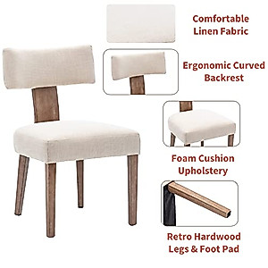 HNY Mid Century Modern Dining Chairs Set of 4, Farmhouse Linen Fabric Upholstered Accent Chair Curved Backrest Kitchen Chairs, with Hardwood Frame, Beige