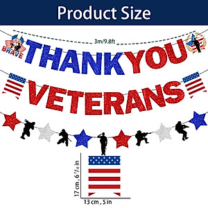 Glitter Veterans Day Decorations, NO-DIY Thank You Veterans Banner Garland, Happy Veterans Day Banner, Veterans Day Banner for Indoor Outdoor Veterans Day Decor Party, Patriotic Decorations