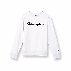 Champion Boys' Big, Kids' Sweatshirt, Crewneck Sweater, French Terry, Script, White