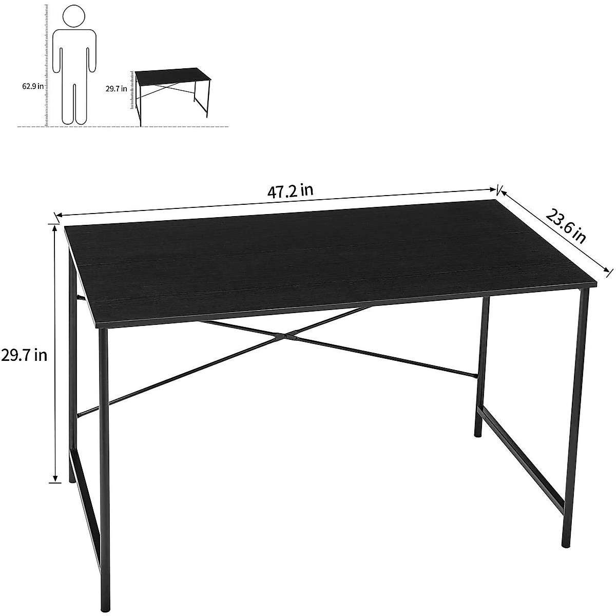 Coavas 47 inch Computer Desk Large Study Desk Simple Writing Table Workstation for Home, Black Wood Tabletop with Black Frame
