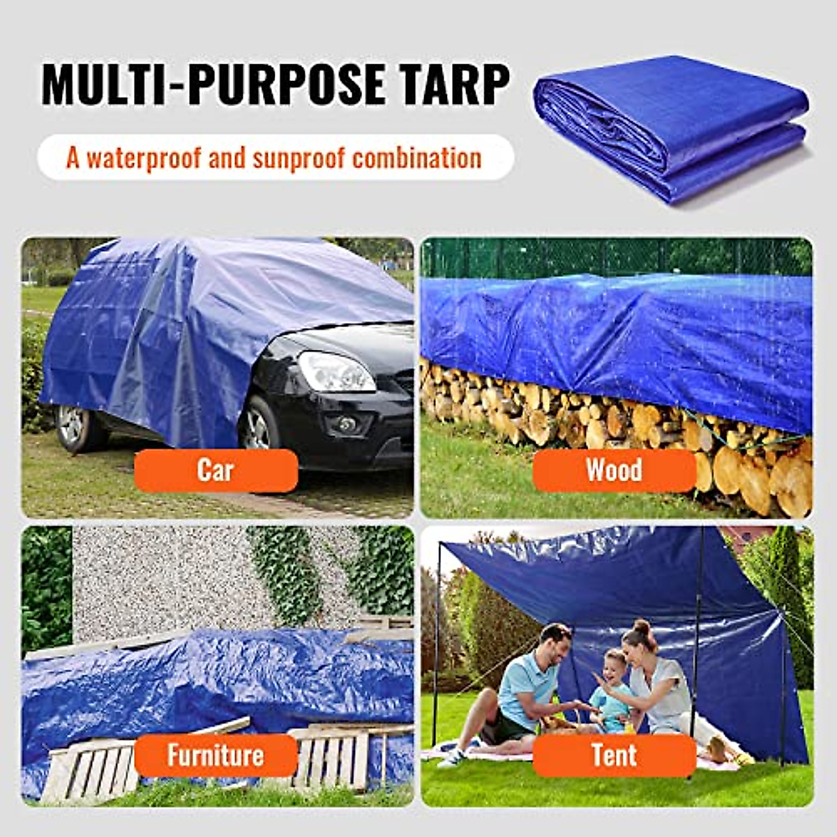 VEVOR Tarp Waterproof 10x12 ft, 5 Mil Plastic Poly Tarp Cover, Multi Purpose Tear UV and Temperature Resistant Outdoor Tarpaulin with Reinforced Grommets and Edges (Blue)
