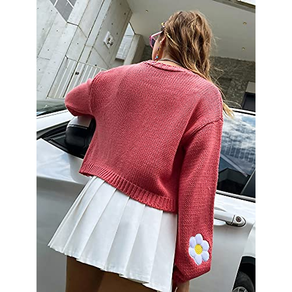 SweatyRocks Women's V Neck Button Front Cardigan Sweater Cute Floral Print Coat Outerwear Watermelon Pink S