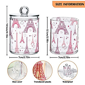 Kigai Romantic Eiffel Tower Clear Plastic Apothecary Jars 2 Pack, 14 oz Qtip Holder Dispenser with Lid for Cotton Ball, Cotton Swab, Floss Picks, Makeup Sponges, Hair Clips