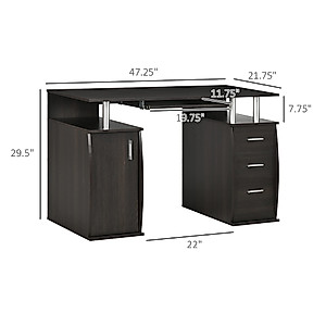 HOMCOM 47" Computer Desk with Keyboard Tray and Storage Drawers, Home Office Workstation Table with Storage Shelves, Dark Brown Wood Grain