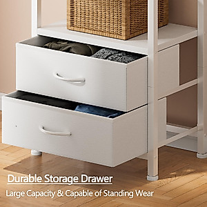 Furnulem 5-Tier Corner Shelf, Narrow Bookshelf with 2 Storage Drawers, Tall Bookcase, Standing Shelf Organizer Unit for Living Room, Bedroom, Metal Frame, Wood Display Shelf(White)