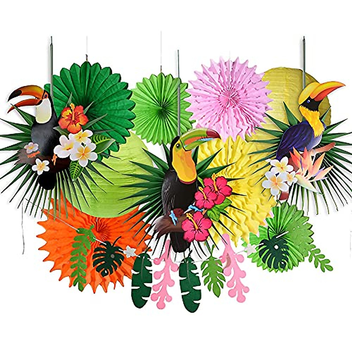 Paper Jazz Tropical Bird Toucan Leave Garland Party Kit to Summer Hawaiian Luau Tiki Tropical Themed Party Decorations Luau Party Supplies Decor with Paper Palm Leaves Paper Fan Paper Lanterns