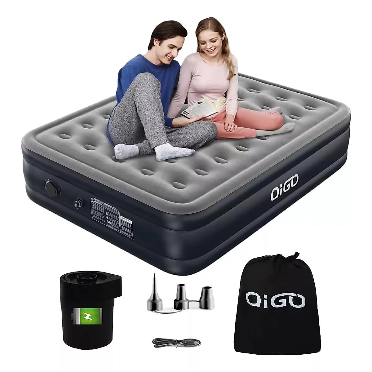 QIGO Air Mattress Queen Size with Chargeable Battery Built in Pump, Blow up Mattress for Camping, Home and Guests, Quick Self Inflating Air Bed, Colchon Inflable - Portable, Comfortable and Durable