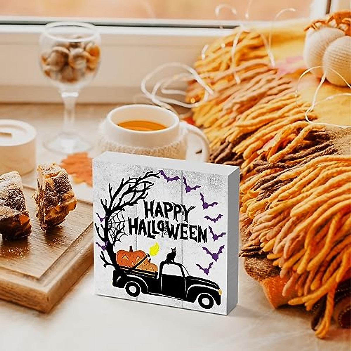 Country Halloween Wood Box Sign Autumn Rustic Farmhouse Style Happy Halloween Pumpkin Truck Wood Block Plaque 5 X 5 Inches Home Desk Sign Decor for Presents