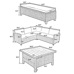 BIADNBZ Outdoor Weather Brown Rattan Wicker Sectional Couch Conversation Sofa Dining Table for Porch, Backyard, Garden, Poolside, 6-Piece Patio Furniture Set with Two Bench, Gray