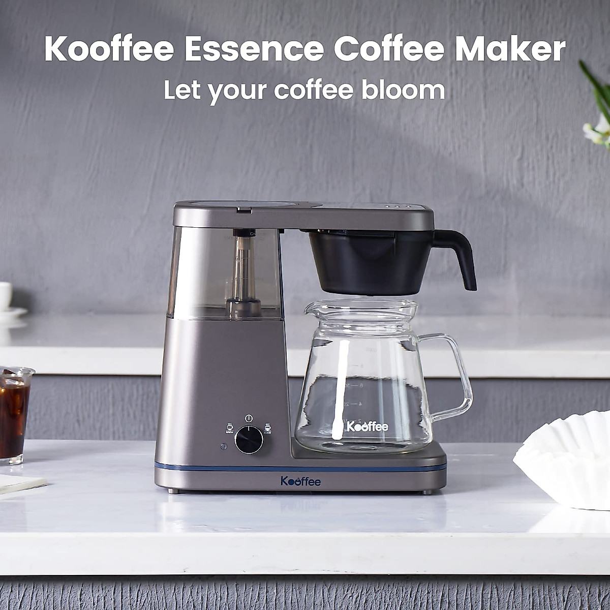 KOOFFEE Coffee Maker, One-button Brew, Essense-G 8 Cups 1.3L Coffee Machine, 1500 Watt, Optional Pre-infusion Bloom Mode, Drip Coffee Maker with Borosilicate Glass Carafe