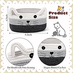 Cat Basket Storage Woven Basket Organizer with Ears Decorative Pet Toy Cute Basket Cotton Rope Basket for Gifts Cat Dog Toy Bin Nursery Room Kids Toy (White, Light Gray and Gray, 8.3 x 4.7 Inch)