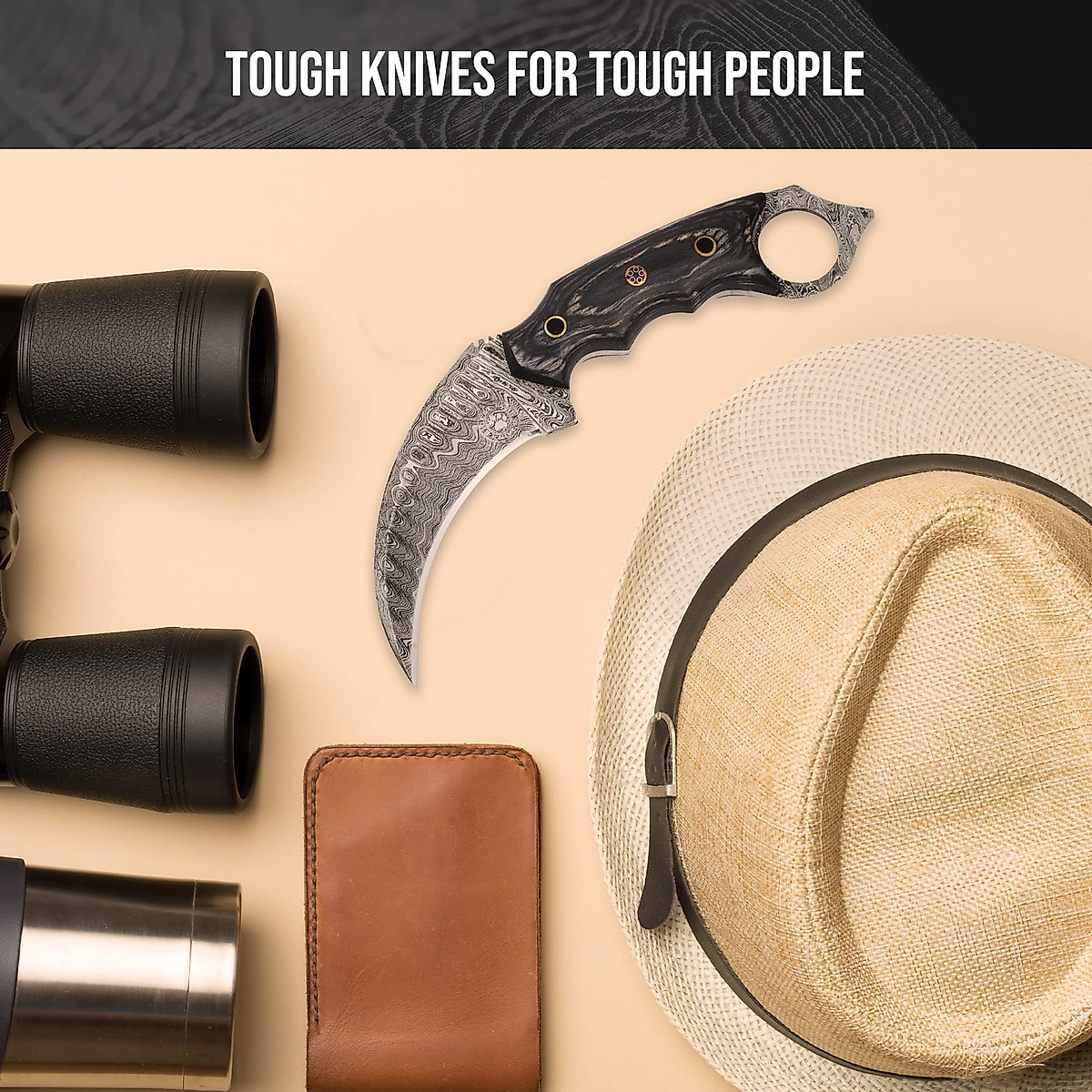 BIGCAT ROAR 7.5″ Handmade Karambit Damascus Hunting Knife with Leather Sheath - Ideal for Skinning, Camping, Outdoor - Full Tang Fixed Blade Karambit Knife with Walnut Wood Handle - Desert Fox