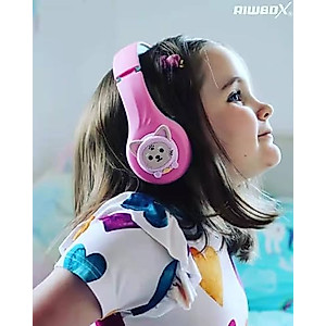 Riwbox Kids Headphones, CB-7S Cat Kids Toddler Headphones with LED Light, 75/85/95dB Volume Limited, Kids Bluetooth Headphones with Mic for School/Tablet/Girls (Pink)