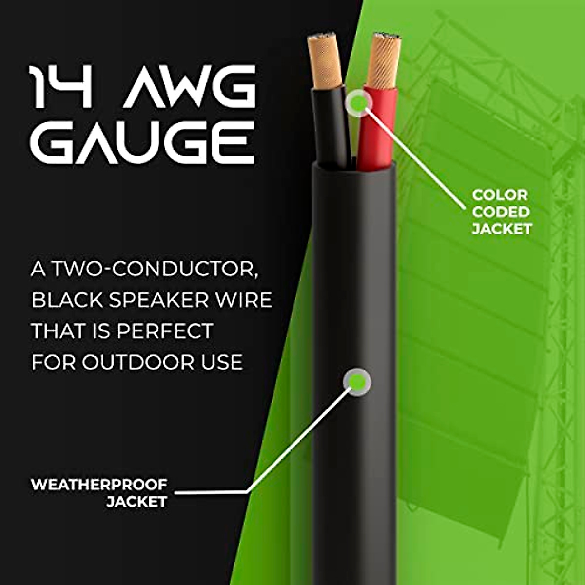 GearIT 14/2 Speaker Wire (100 Feet) 14 Gauge (Copper Clad Aluminum) - Outdoor Direct Burial in Ground/in Wall / CL3 CL2 Rated / 2 Conductors - CCA, Black 100ft