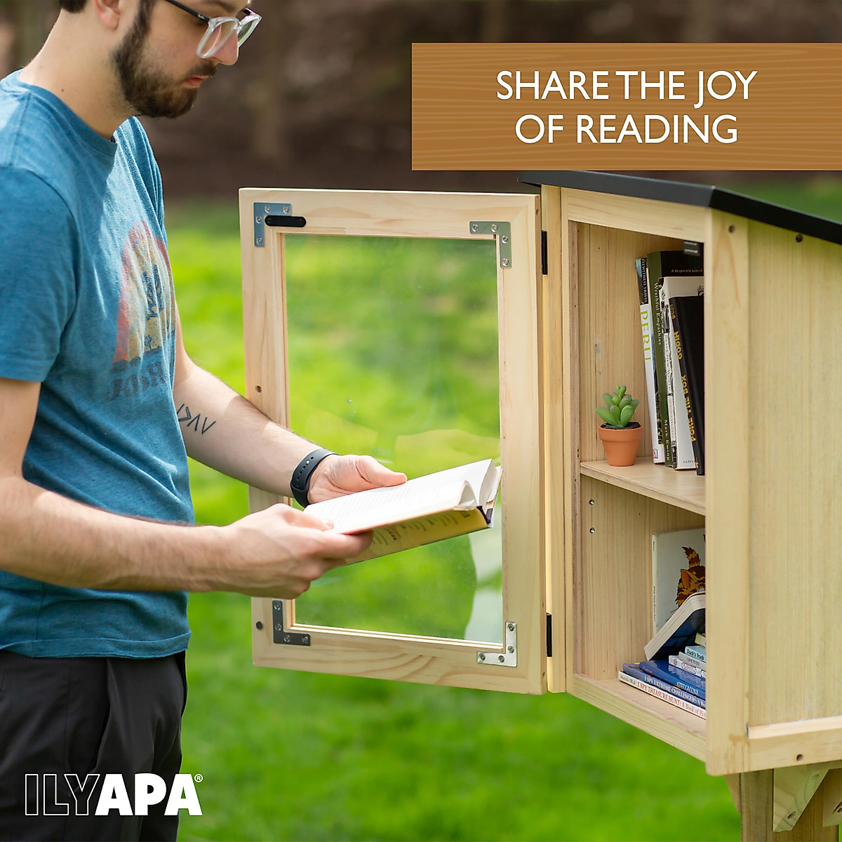 Ilyapa Outdoor Library Book Box - Free Literature Exchange Kit for Outside - Little Wood Cabinet for Sharing Books, Art with Your Community, Students or Teachers - Easy Mount to Post - 16x14x22 Inch