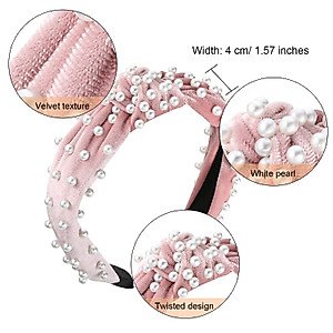 WILLBOND 3 Pieces Pearls Headband Knotted Headband for Women Velvet Pearls Headband for Girl Woman Hair Accessories (Beige, Pink, Black)
