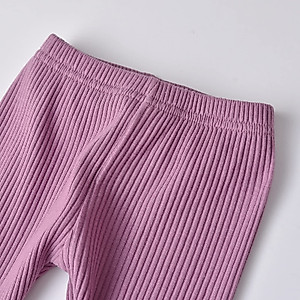 Kulcerry Newborn Infant Baby Girl Clothes Solid Color Bow Ribbed Long Sleeve Romper Pants Headband Outfits Set (Purple,Newborn)