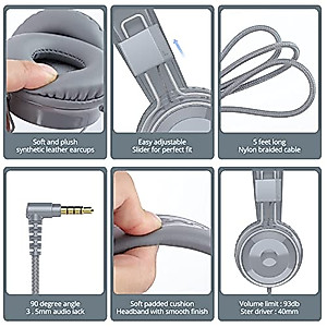 BASEMAN Wired Headphones with Microphone - Foldable Wired On-Ear Headphones for Laptops Computer Cellphone Tablet, Stereo Bass Headsets with 3.5mm Jack No-Tangle Cord for Boys Girls Women Men - Grey