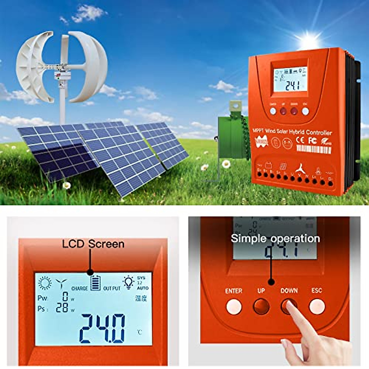 Mars Rock 3000W 12V 24V 48V 0~1500W Wind 0~1500W Solar MPPT Wind Solar Hybrid Controller Pioneer Version Charge Lithium & Lead Acid Gel Battery (12V/24V Auto)