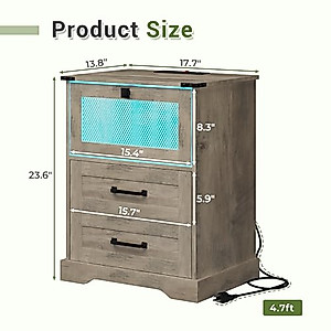 Hasuit Farmhouse Night Stand with LED Lights and Charging Station, Rustic Oak Nightstand with 2 Drawers, and Cubby with Wire Mesh Door, Bedside End Table for Bedroom