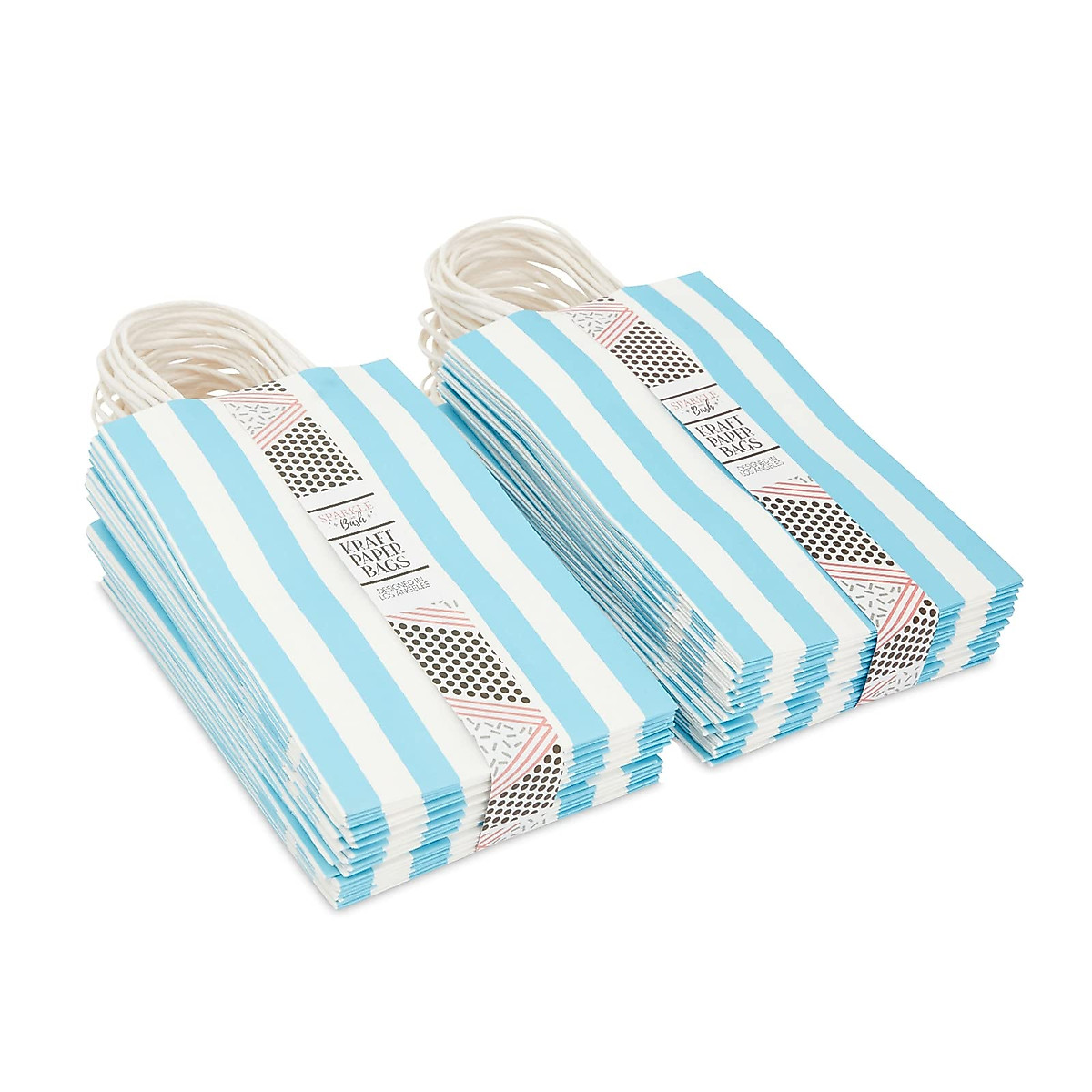 Sparkle and Bash Light Blue Striped Party Favor Gift Bags with Handles for Boys Baby Showers (50 Pack)