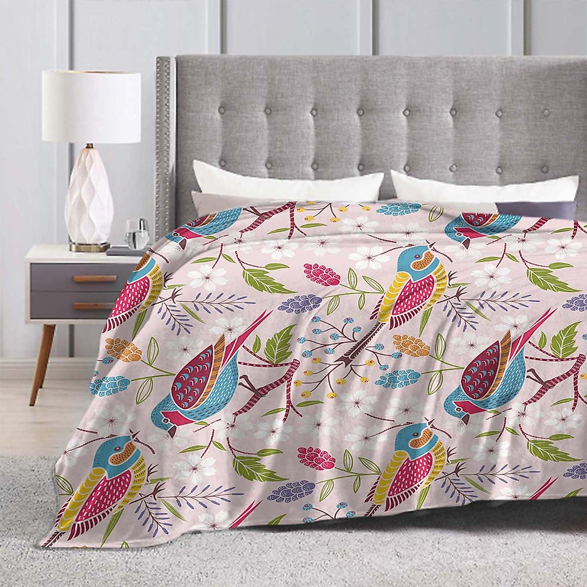 Throw Blanket 50x60 Inch,Bird Flower Floral Summer Flannel Soft Cozy Fluffy Throw Blankets and Warm Throws for Adults in Couch Sofa Bed 60x50 Inch