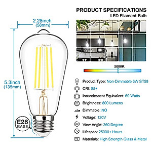 MAXvolador Vintage LED Edison Bulb 60W Equivalent 800 lumens, 6W ST58 LED Filament Light Bulb, Daylight White 5000K Antique Style Lighting, E26 Medium Screw Base, CRI 85+, Non-Dimmable, Pack of 12