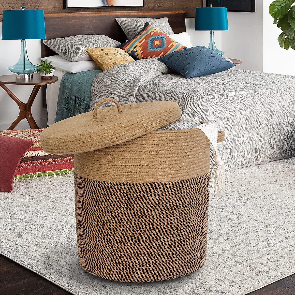 Extra Large Storage Basket with Lid 60L, 16"Wx18"H Woven laundry basket with lid Jute Laundry Basket, Wicker Basket Blankets Pillows Storage in Living Room Baby Nursery, Jute/Black Mix with Lid