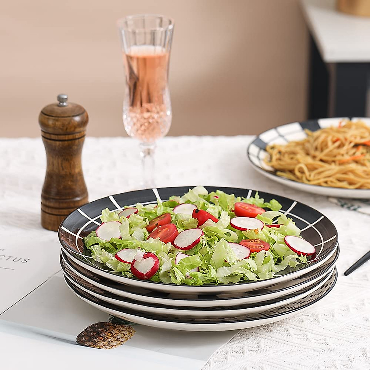 AHX Dinner Plates Ceramic Plate Set - 10 Inch Large Porcelain Round Plate Sets of 6 - Flat Modern Black Pattern Dining Plates for Kitchen | Family - Dishwasher | Microwave | Oven Safe