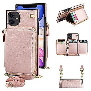 KIHUWEY iPhone 11 Crossbody Wallet Case PU Leather Wallet Case with Credit Card Holder Wrist Strap Kickstand Protective Lanyard Purse Cover Case for iPhone 11 6.1 Inch (Rose Gold)