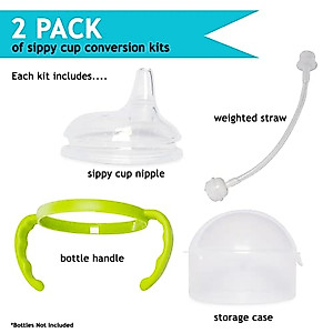 Soft Spout Transition Sippy Cup Kit for Comotomo Baby Bottles | Conversion Kit Fits 5 Ounce and 8 Ounce Bottles | Sippy Cup Baby Bottle Nipple with Weighted Straw and Bottle Handles (2 Pack, Green)