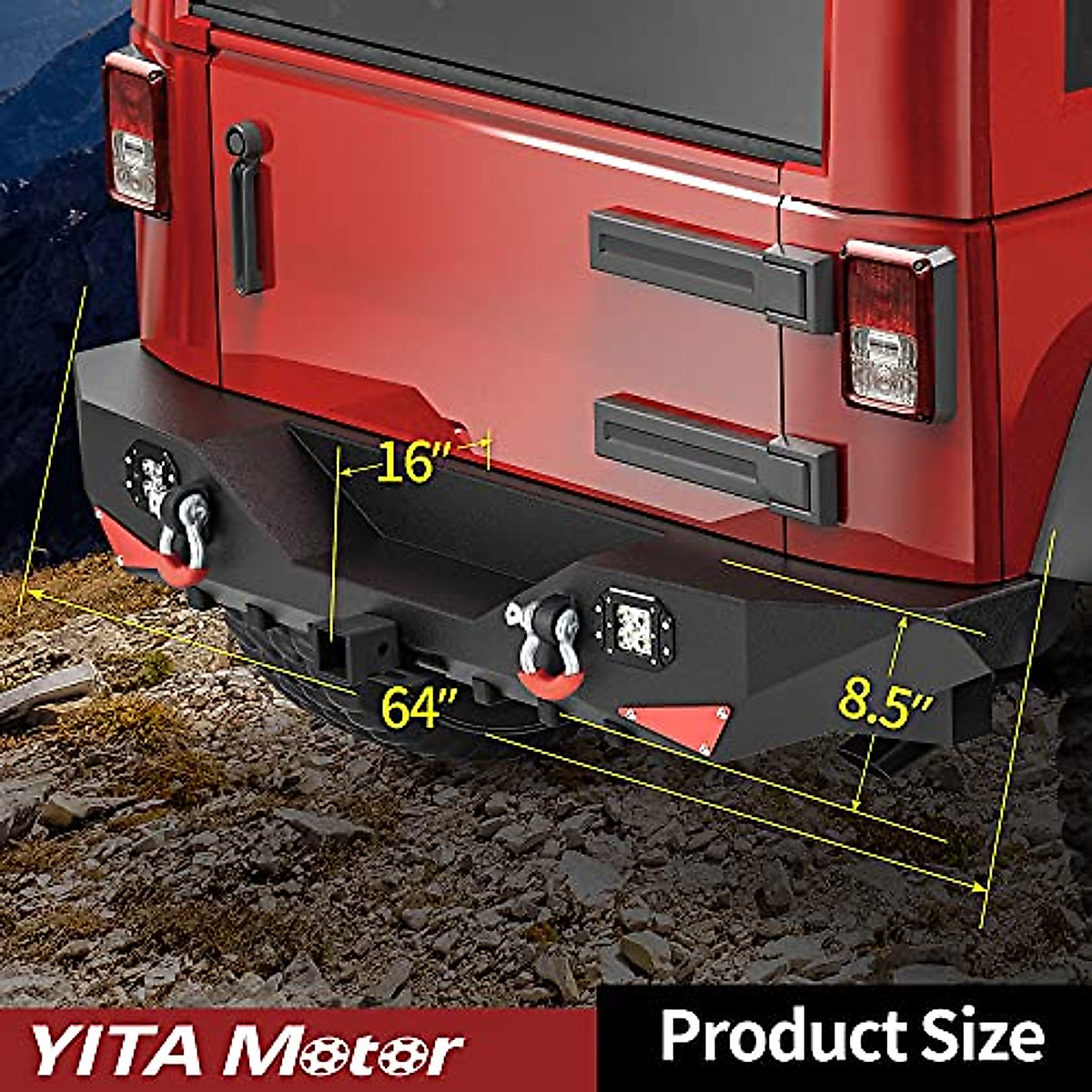 YITAMOTOR Rear Bumper Compatible with 2007-2018 Jeep Wrangler JK & JKU Unlimited, Off Road Back Bumper w/ 2" Hitch Receiver & 2x LED Lights & D-Rings, Upgraded