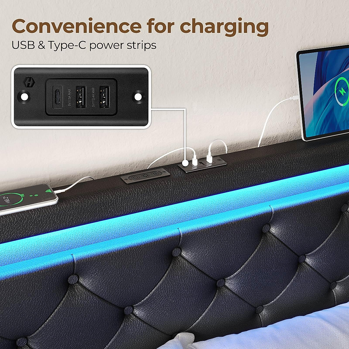 Rolanstar Twin Size Bed Frame with Charging Station and LED Lights, Upholstered PU Leather Bed with Adjustable Headboard and 4 Storage Drawers, No Box Spring Needed, Easy Assembly, Black