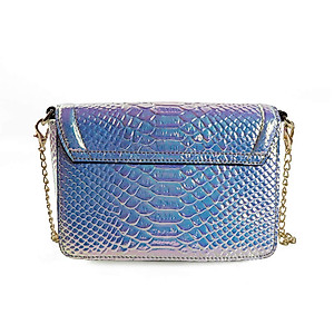 RemeeHi Fashion Small Shiny Hologram Laser Travel Snake PU Shoulder Bag Crossbody Bag with Chain Gradual Purple