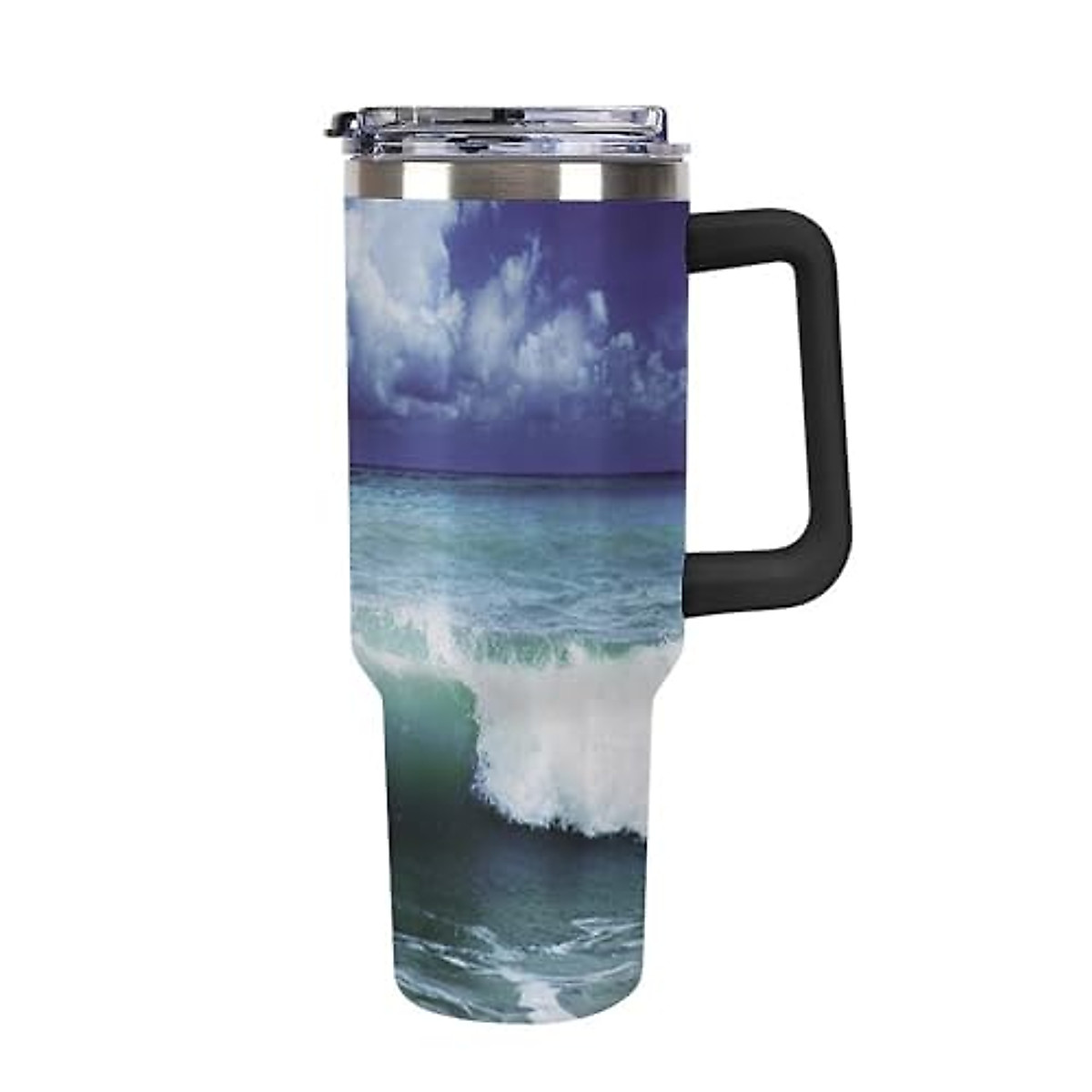 Ocean Wave 40oz Water Bottle Double Wall Insulated Tumbler with Handle Leakproof Travel Mug Black-style