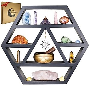 Hexagon Crystal Shelf Display - Large 21" Black Geometric Altar Shelf for Crystals - Table or Hanging Wood Hexagon Floating Shelves -Boho Crystal Display Shelf & Essential Oils - Spiritual Decor Gifts