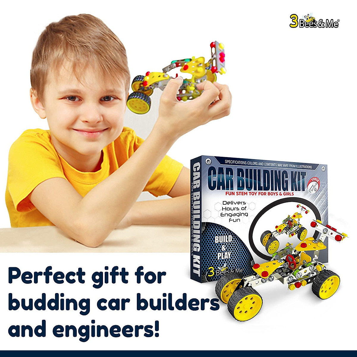 3 Bees & Me STEM Car Building Erector Toy Kit | Educational Metal Project for Boys and Girls Aged 8-11 Years Old (Ages 6-7 with Help) Beginner Gift Set for STEM Learning and Junior Engineers