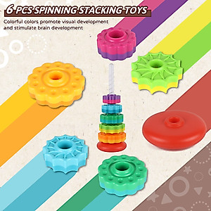 JUXUE Baby Spinning Stacking Toys for Toddlers 1-3, Rainbow Ring Stacker Montessori Toys for Babies 6-12 Months, 1 2 3 One Year Old Girl Boy Christmas Birthday Gifts, Autism Sensory Learning Toy