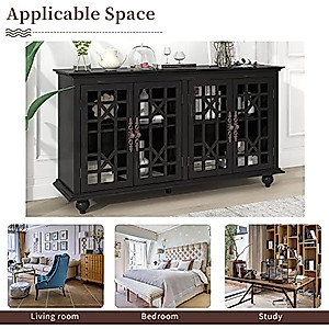 P PURLOVE 60" Long Wood Storage Cabinet with Adjustable Height Shelves,Sideboard Table Cabinet with Metal Handles and 4 Doors for Living Room, Bedroom, and Hallway,Black