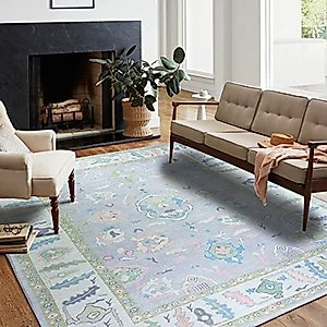 Modern Oushak Rug, Shades of Muted Lavender Vintage Turkish Pastel Colorful Area Rugs Oriental Antique Luxury Living Room Bedroom Kids Room, 4'9 x 6'9