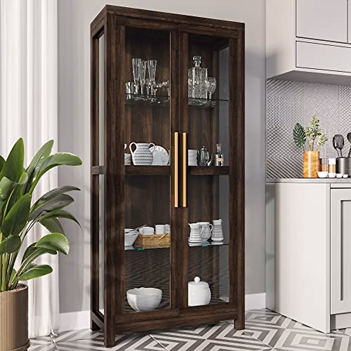BELLEZE Storage Cabinet, Tall Bookshelf or Display Cabinet for Living Room Bedroom, Curio Cabinet with Tempered Glass Doors, Trophy Display Case, Storage/Organization - Avalon (Dark Walnut)