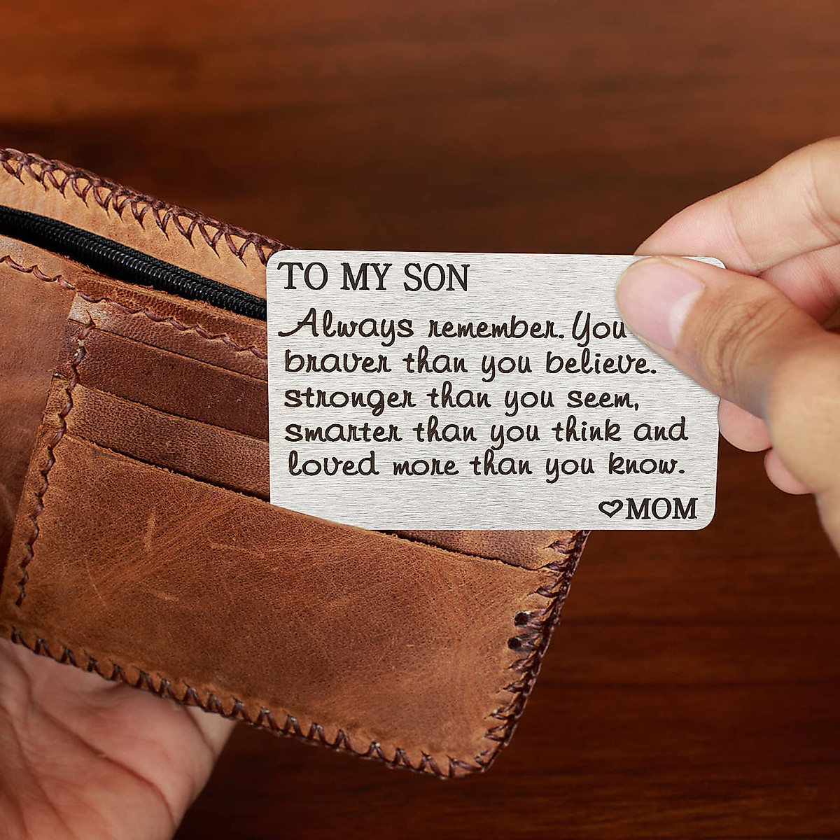 PLwelth Son Engraved Wallet Card from Mom Stainless Steel Men Boys Teen Inspirational Message Wallet Insert Card Son Gift Birthday Graduation Christmas Coming of Age Gift