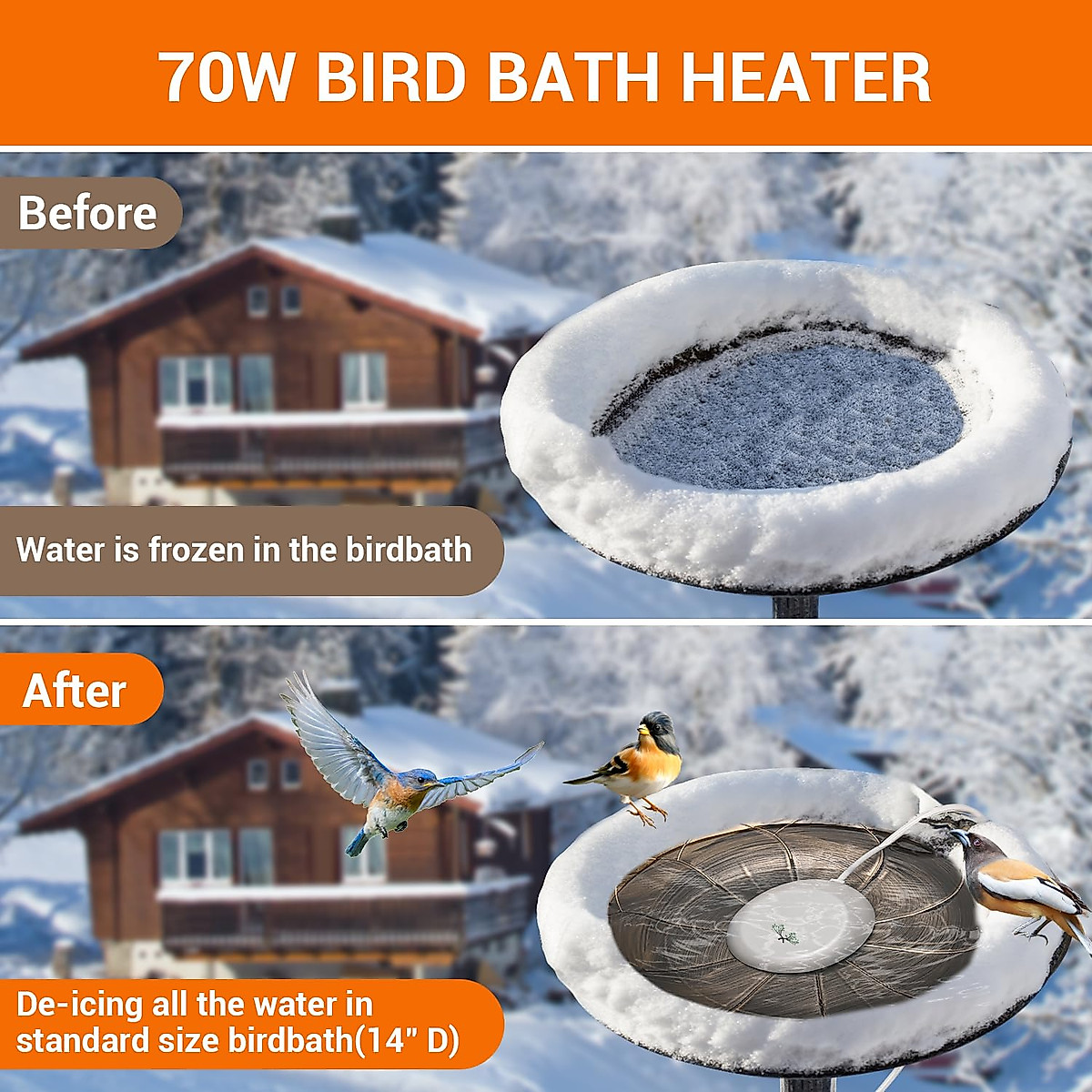 Keten Bird Bath Heater for Outdoors in Winter, 70W Thermostatic Controlled Auto Shut Off Birdbaths Deicer, Winter Water Heated De-icer for Bird, Chicken, Duck, Farm Trough