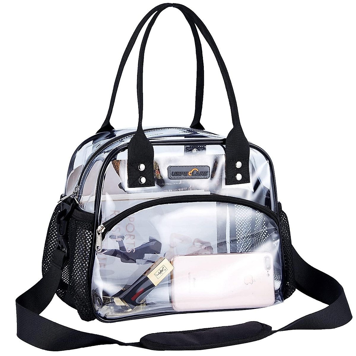 USPECLAR clear tote bag, Clear Lunch Bag with Removable Bottom Board for Women & Men, See Through Reusable Lunch Box for Workplaces ,Clear Shoulder Bag for Women for Work
