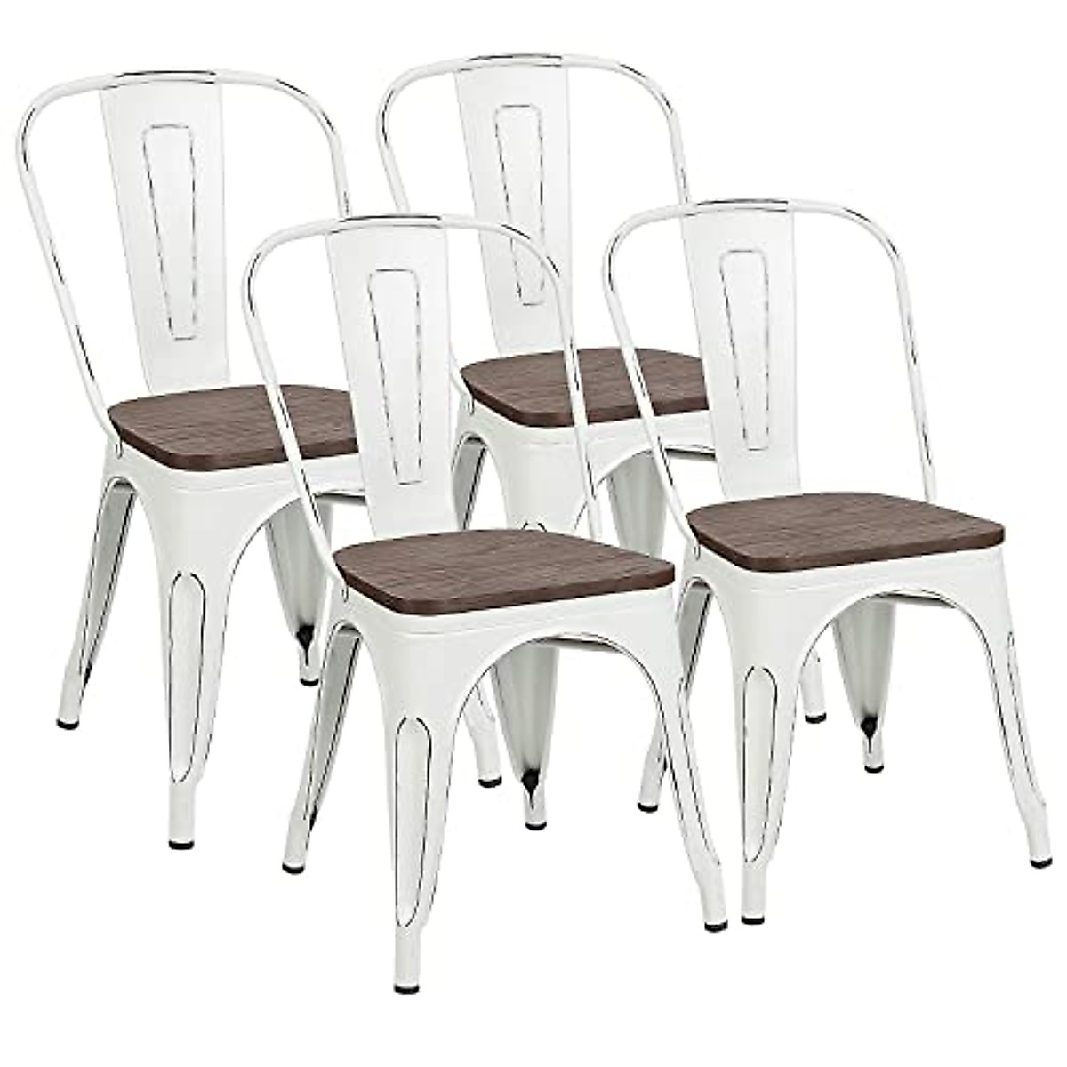 Furniwell Metal Dining Chairs with Wood Seat, Indoor Outdoor Use Stackable Tolix Industrial Metal Chairs Set of 4 for Kitchen, Dining Room, Bistro and Cafe (White)