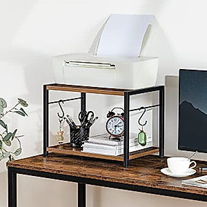 ALLOSWELL Mobile Printer Stand, 2-Tier Printer Cart with Storage, Under Desk Storage Rolling Cart on Wheels and 2 Hooks, Industrial Printer Table, for Home, Office, Scanner, Rustic Brown PTHR2001