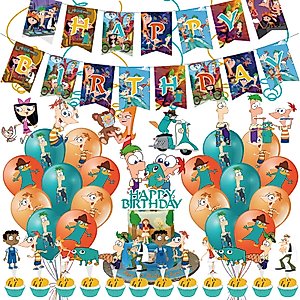 Birthday Party Decoration for Phineas Ferb, Include Cartoon Theme Birthday Banner, Cake Topper, Latex Balloons, Hanging Swirls, for Kids Birthday Party Supplies