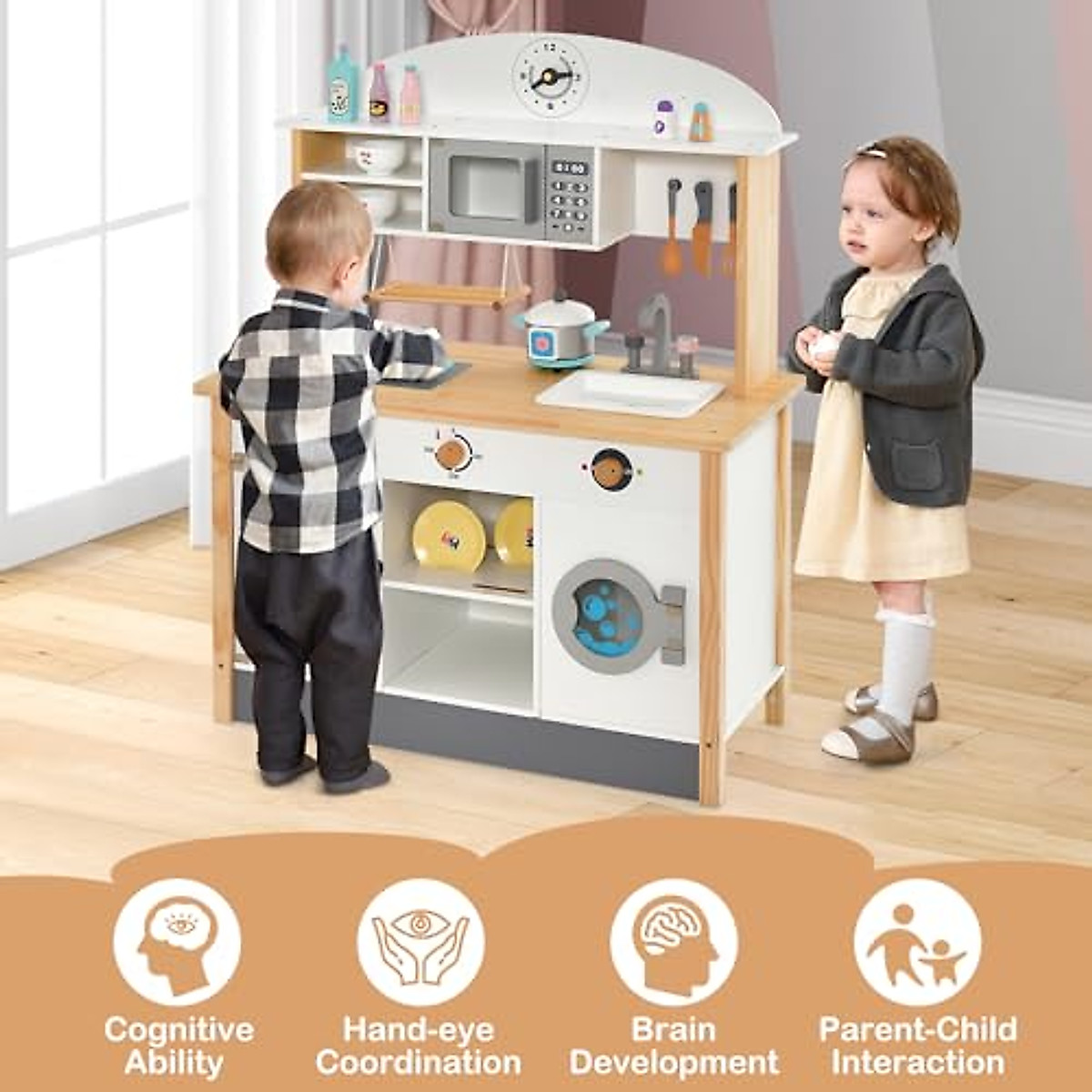 Costzon Kids Kitchen Playset, Wooden Pretend Cooking Toy with Sink & Faucet, Microwave, Dish Rack, Washing Machine, Play Kitchen with 15 PCS Toy Accessories for Toddlers, Gift for Boys Girls 3+